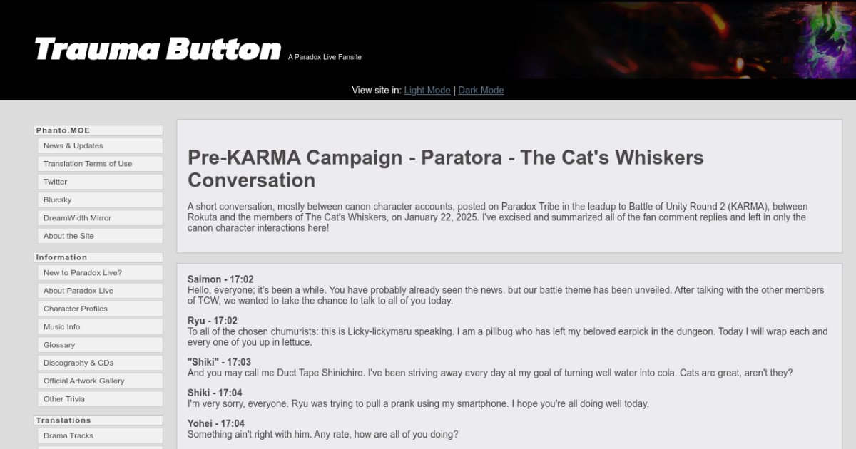 Trauma Button - Pre-KARMA Paratora Chat - The Cat's Whiskers