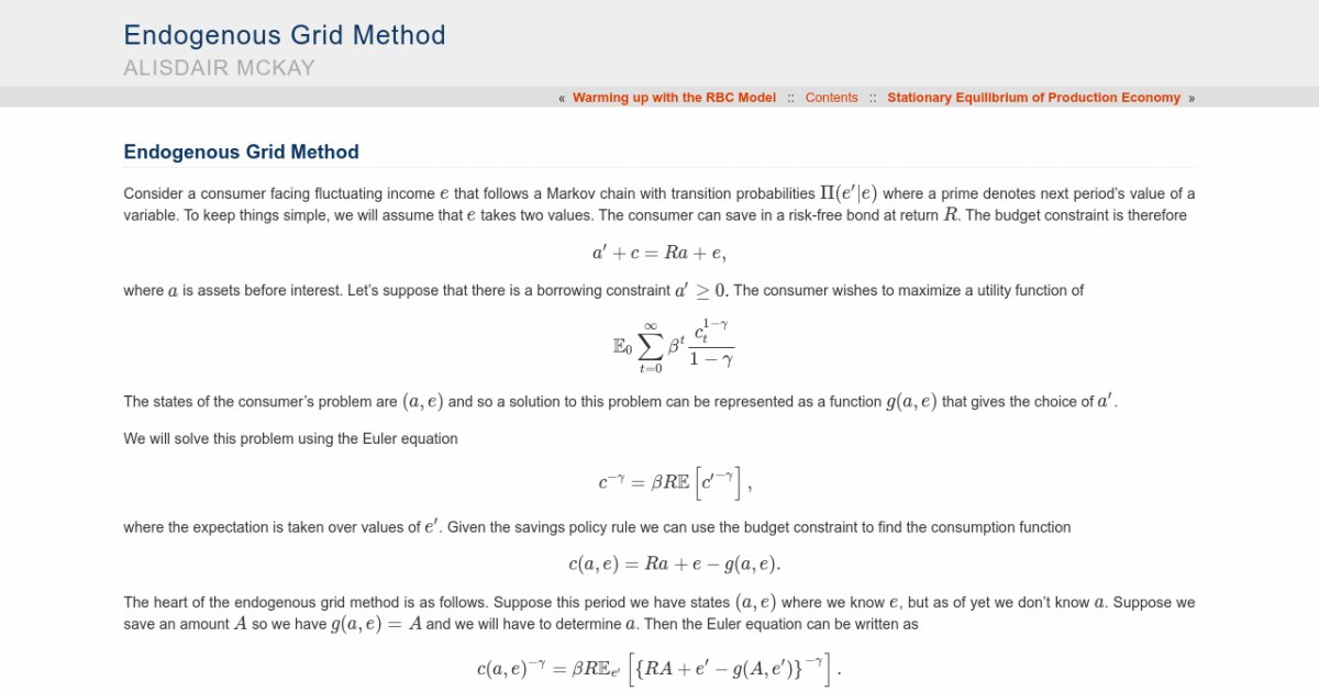 Endogenous Grid Method — Notes on Computation for Heterogeneous Agent Macro