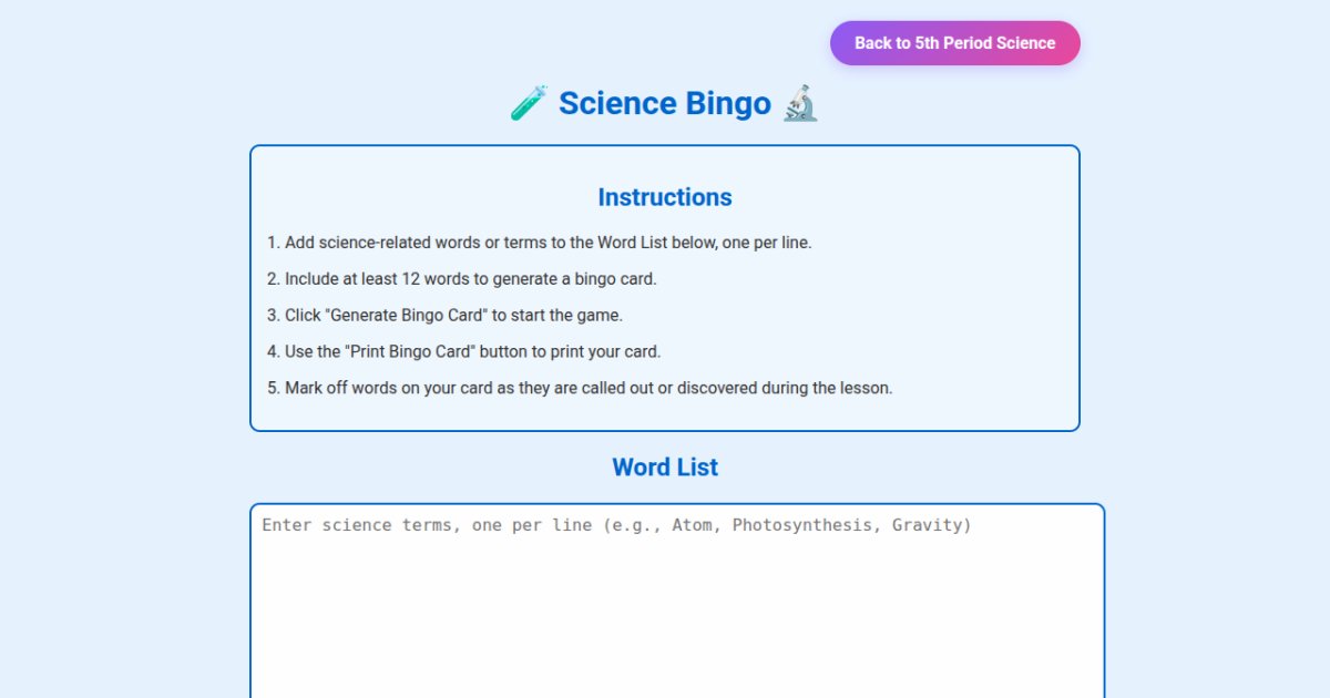Science Classroom Bingo Game
