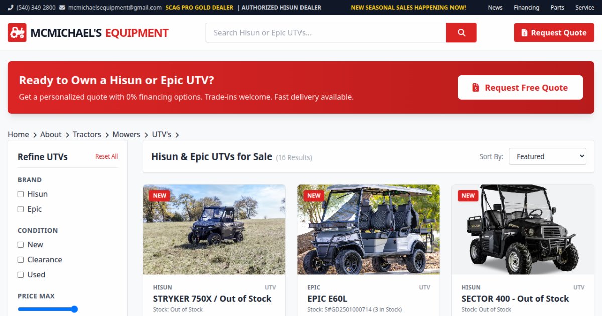 UTVs for Sale – Hisun & Epic Side by Sides | McMichael's Equipment ...