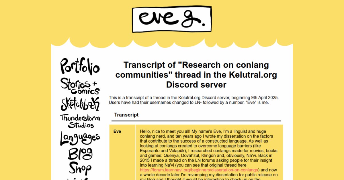 Eve G | Transcript of "Research on conlang communities" thread in the Kelutral.org Discord server