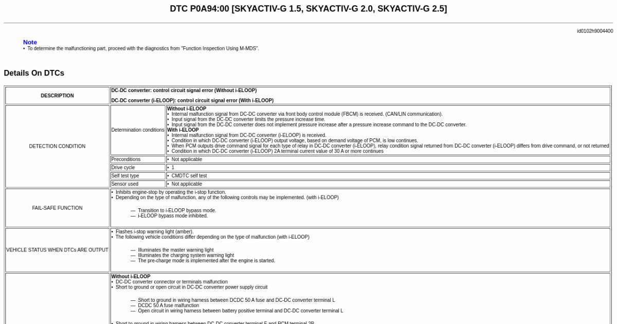 DTC P0A94:00 [SKYACTIV-G 1.5, SKYACTIV-G 2.0, SKYACTIV-G 2.5]